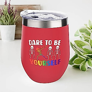 Mighun Dare To Be Yourself Rainbow Skull Wine Tumbler with Lid, LGBT Pride Gay Lesbian Vacuum Coffee Tumbler, Gay Pride Stemless Insulated Wine Glasses Cup for Champaign, Cocktail, Beer