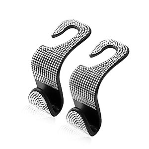 cueclue 2 PCS Car Seat Headrest Hook, Bling Rhinestone Car Storage Headrest Hanger Holder Hooks Organizer, Auto Back Seat Hangers Rear, Headrest Hooks for Purse Groceries Bag Handbag (White)