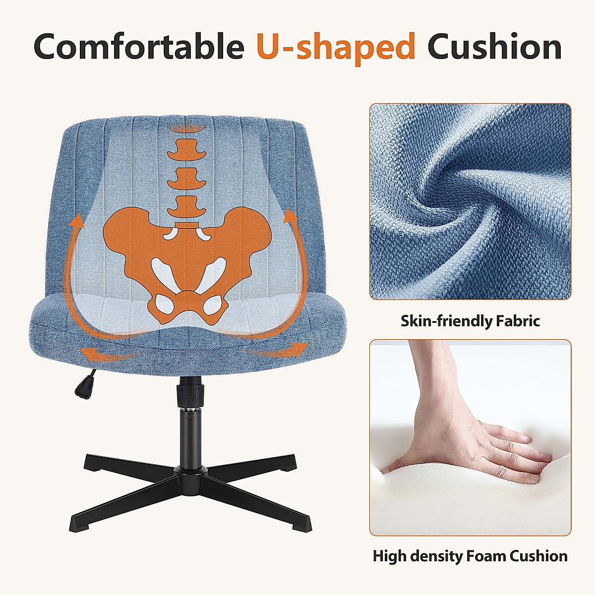 Sweetcrispy Office Chair No Wheels - Armless Desk Chair No Wheels Cross Legged Office Chair Wide Swivel Home Office Desk Chairs