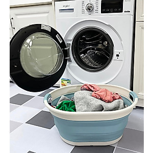 SAMMART 28L (7.4Gallons) Collapsible Plastic Laundry Basket - Oval Tub/Basket - Foldable Storage Container/Organizer - Portable Washing Tub - Space Saving Laundry Hamper (1, Grey/Sterling Blue)