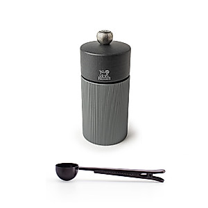 Peugeot Line Manual Pepper Mill Carbon Graphite Aluminum, 12 cm - 4.75" With Stainless Steel Spice Scoop/Bag Clip