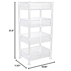 Kitchen Details 4 Tier Slim Basket Shelf Rack | Storage & Organizer | Kitchen | Bathroom | Laundry Room | Office | Good for Food and Kitchen Supplies | White