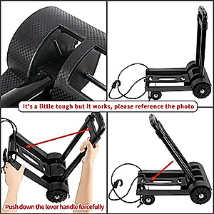 ZOENHOU 40KG 88Lbs Black Folding Hand Truck, Solid Construction Utility Cart, Heavy-Duty 4-Wheel Luggage Cart with 1 Roll Bungee Cord and 1 Pack Storage Pouch Compact, for Travel, Office