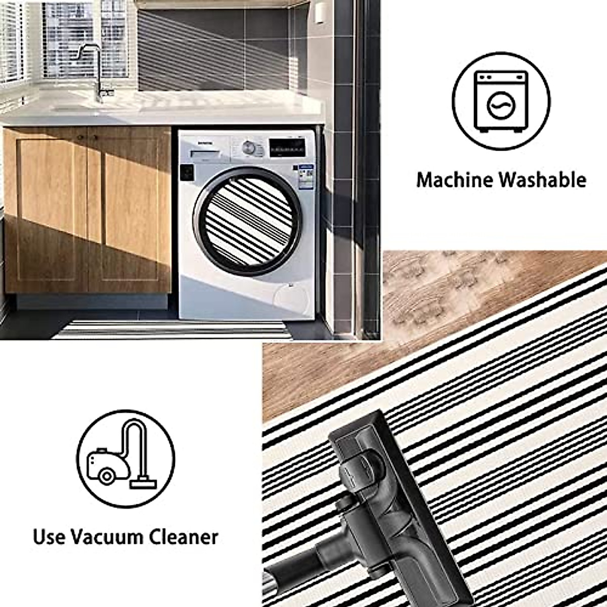 BUAGETUP Black and White Striped Outdoor Patio Rug 4' x 6',Hand Woven Cotton Patio Rug Front Porch Rug Indoor Outdoor Area Rug for Bedroom/Living/Room/Patio