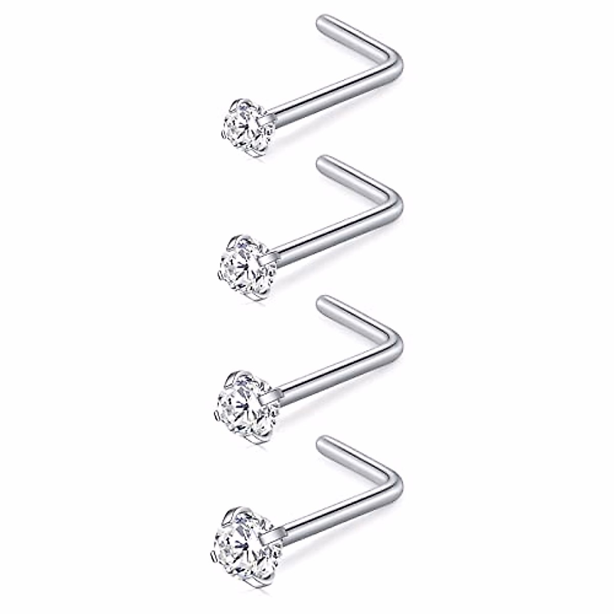 D.Bella 18G L Shaped Nose Studs Surgical Stainless Steel 1.5mm 2mm 2.5mm 3mm Clear Round Diamond CZ Nose Rings Studs Silver Nose Rings for Women Nose Nostril Piercing Jewerly