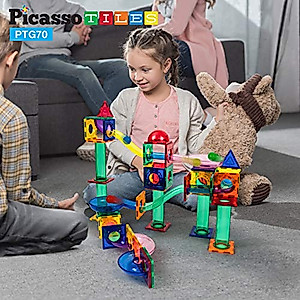 PicassoTiles 70 Piece Marble Run Race Track Magnetic Tiles Magnet Building Block Educational Construction Toy Set Playset STEM Learning Kit Child Brain Development HandEye Coordination Training PTG70