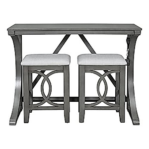 VilroCaz Farmhouse 3-Piece Counter Height Dining Table Set with USB Port and 2 Upholstered Stools, Rustic Dining Set Bar Set for Dining Room Kitchen (Gray-R)