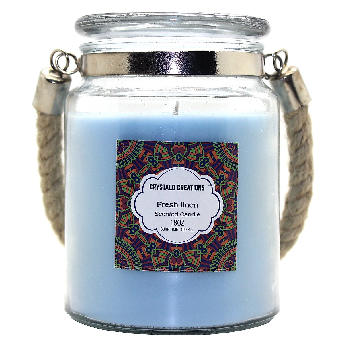 Crystalo Creations Fresh Linen Scented Candle with Rope Handle, 18 Ounce