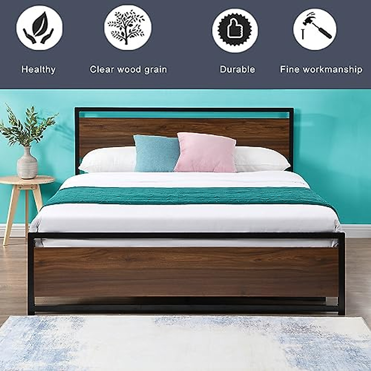 STELSIPLIY Metal Bed Frame Queen Size,Industrial Platform Bed Frame with Headboard and Footboard,Steel Slat Support,Mattress Foundation,No Box Spring Needed,Noise Free,Easy Assembly,Brown (Queen)