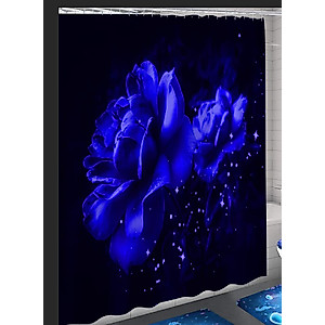 Rose Shower Curtain Sets with Non-Slip Rugs, Toilet Lid Cover and Bath Mat,Flower NauticalShower Curtains with 12 Hook s, Durable Waterproof Bath (Blue Rose)… (Blue Rose), 72'' x 72''