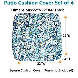EHouseHome Patio Chair Seat Cushion Covers,Washable UV Resistant Slip Covers Replacement,Waterproof Outdoor Furniture Cushion Pillow Seat Cover for Couch,Garden,Sofa,22"×22"×4"(4 Covers Only,Paisey)