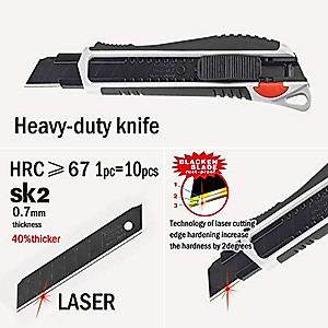 ASSIST Snap Off Heavy Duty 18mm Utility Knife Box Cutter ,25kgs Locking Froce , with 10pack SK2 High-Carbon Steel Black Premium Tempered Sharp Blades, Hand tool Gifts