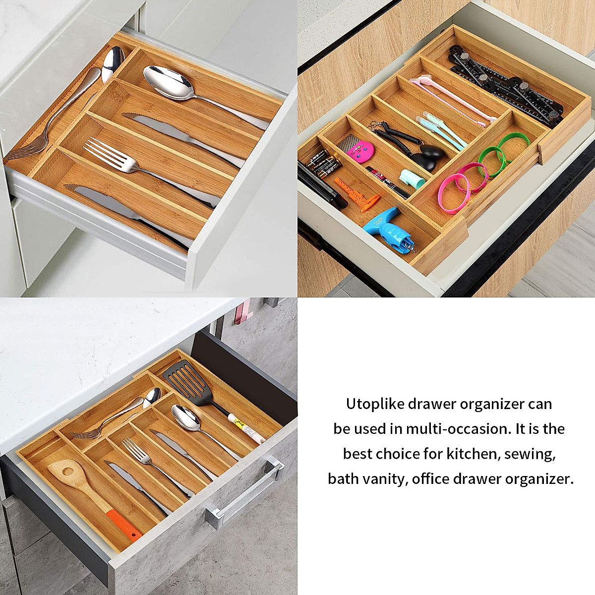 Utoplike Bamboo Expandable Kitchen Drawer Organizer and Bamboo Cutlery Tray Silverware,(11.5"-18" )W X 15"H X 2.4“D (Small)