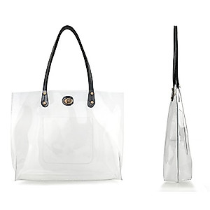 PVC Clear Womens Tote With Striped Zipper Clutch Weekender Shoulder Handbag (Black&White Stripes) Medium