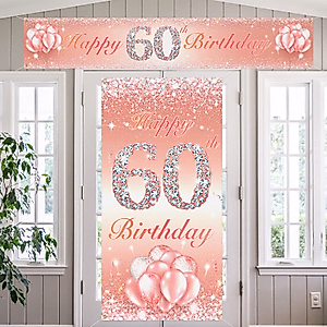 Happy 60th Birthday Door Cover Porch Long Banner Sign Set 60 Years Old Birthday Decoraions Party Supplies for Women Rose Gold