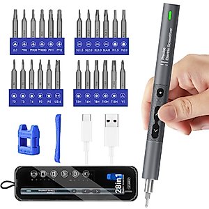 WOTOW Electric Screwdriver, (Newest) 28 in 1 Mini Power Precision Cordless Screwdriver Set with 24 Bits 3 LED Lights Rechargeable Repair Tool Kit with Magnetizer for PC Glasses Laptop Phone Watch Toys