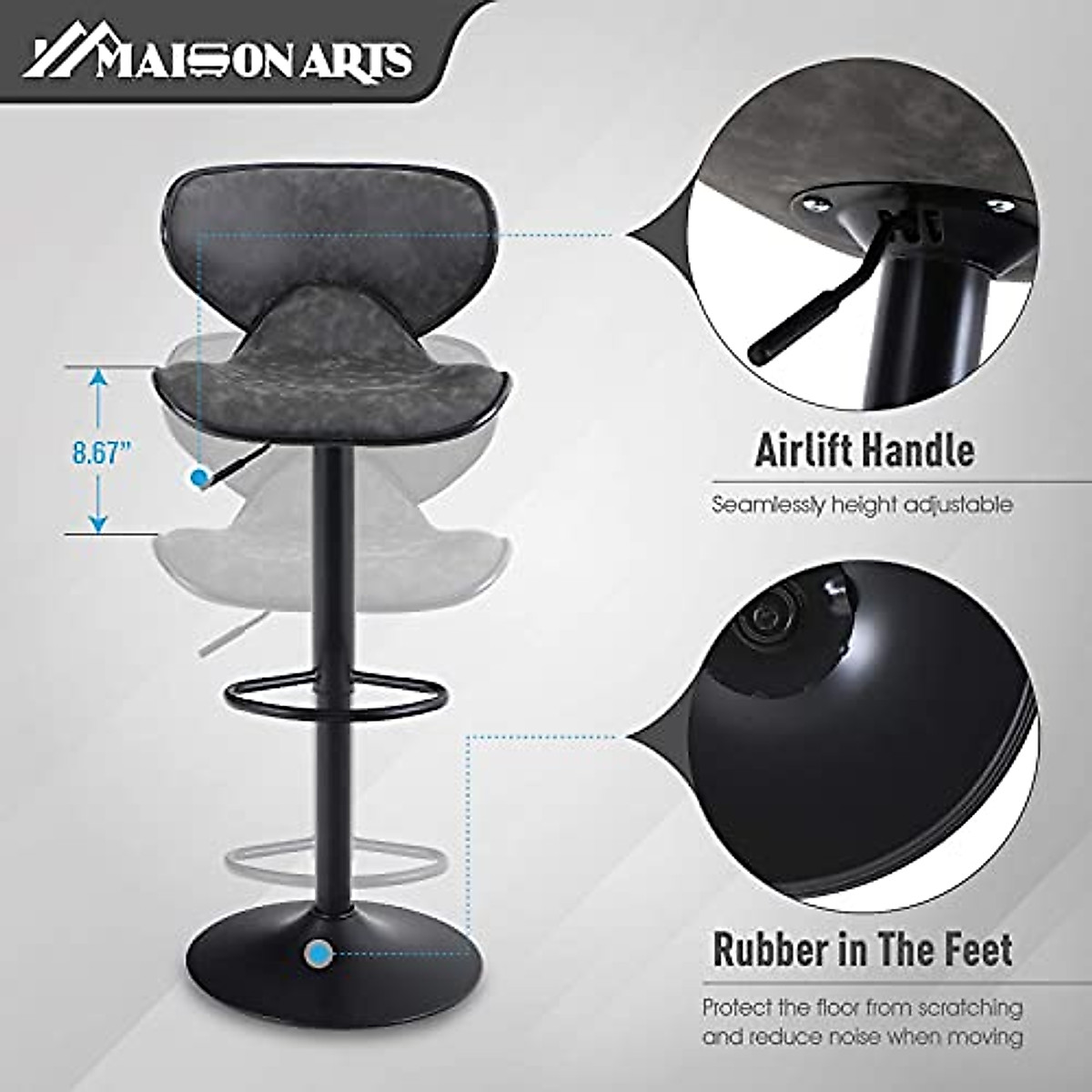 MAISON ARTS Counter Height Swivel Bar Stools Set of 2 Adjustable Barstools with Back for Kitchen Counter Tall Bar Height Chairs Faux Leather High Stools for Kitchen Island,Support 300 LBS,Grey