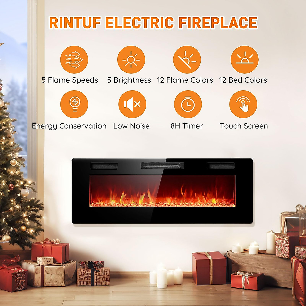 Rintuf 42 inch Electric Fireplace, Recessed and Wall Mounted Fireplace Heater and Linear Fireplace with Multicolor Flame, Timer, 750/1500W Control by Touch Panel & Remote