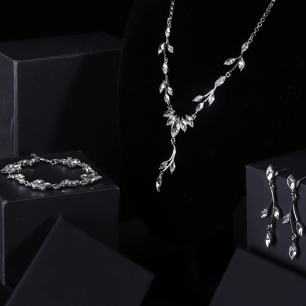 ORAZIO 3 Pcs Women Crystal Jewelry Set Bridal Wedding Rhinestone Necklace Crystal Bracelets and Dangle Earrings A-Silver Tone