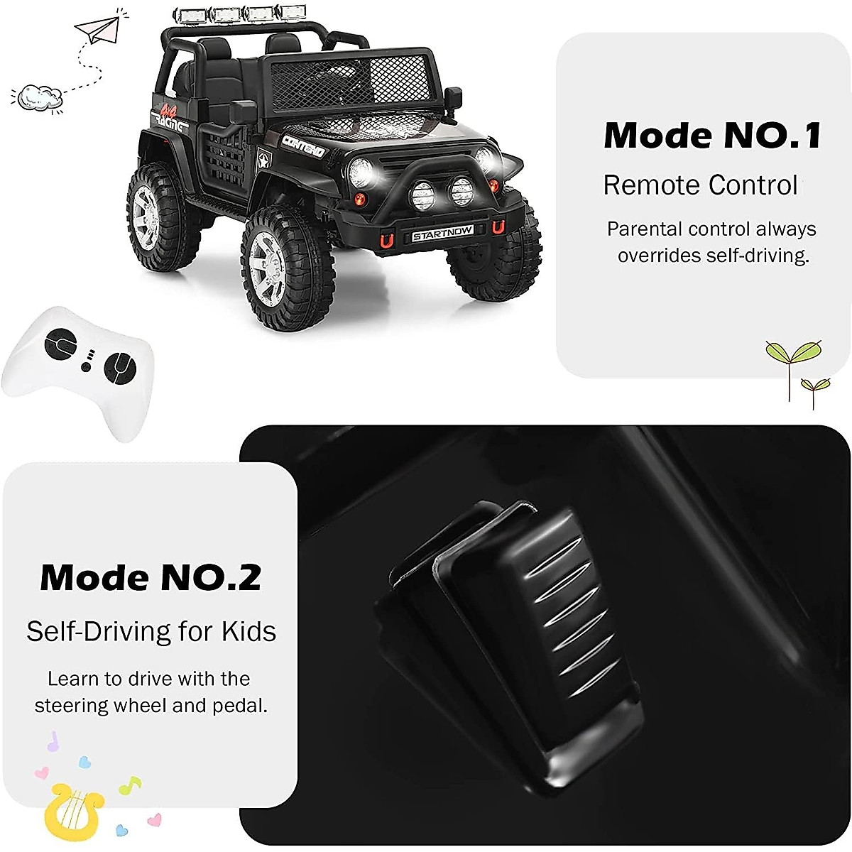 Costzon 2-Seater Ride on Truck, 12V Battery Powered Electric Vehicle w/Remote Control, 2 Speeds, Spring Suspension, LED Light, Horn, Music/ MP3, 2 Doors Open, Ride on Car for Kids (Black)