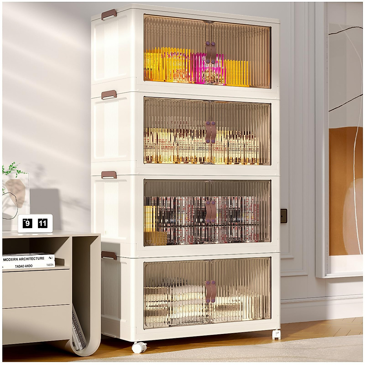 Kmiectse 102 QT Large Storage Bins with Lid, Plastic Storage Organizer for Living Room Bedroom, Foldable Stackable Toy Storage, Storage Containers for House Organizing, 4 Tier 1 Lid