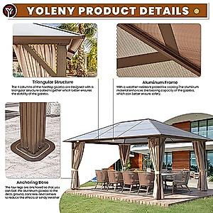 YOLENY 12'x16' Hardtop Gazebo, Outdoor Polycarbonate Roof Canopy, Aluminum Frame Permanent Pavilion with Curtains and Netting, Sunshade for Garden, Patio, Lawns