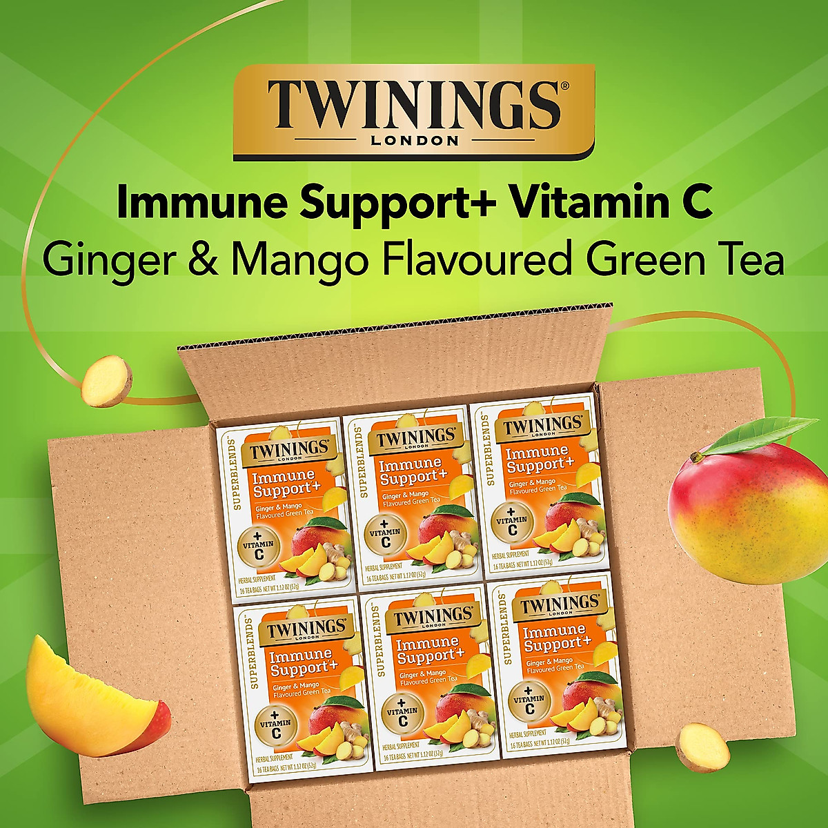Twinings Superblends Immune Support+ Herbal Tea with Vitamin C, Ginger & Mango Flavoured Green Tea, 16 Tea Bags (Pack of 6), Enjoy Hot or Iced