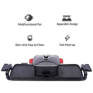 Electric Hot Pot with Grill Shabu-shabu Hotpot Korean BBQ Grill 5-Fires Adjustable Seperate Dual Temperature Control Non-Stick Hotpot & BBQ Grill Smokeless for 2-10 People