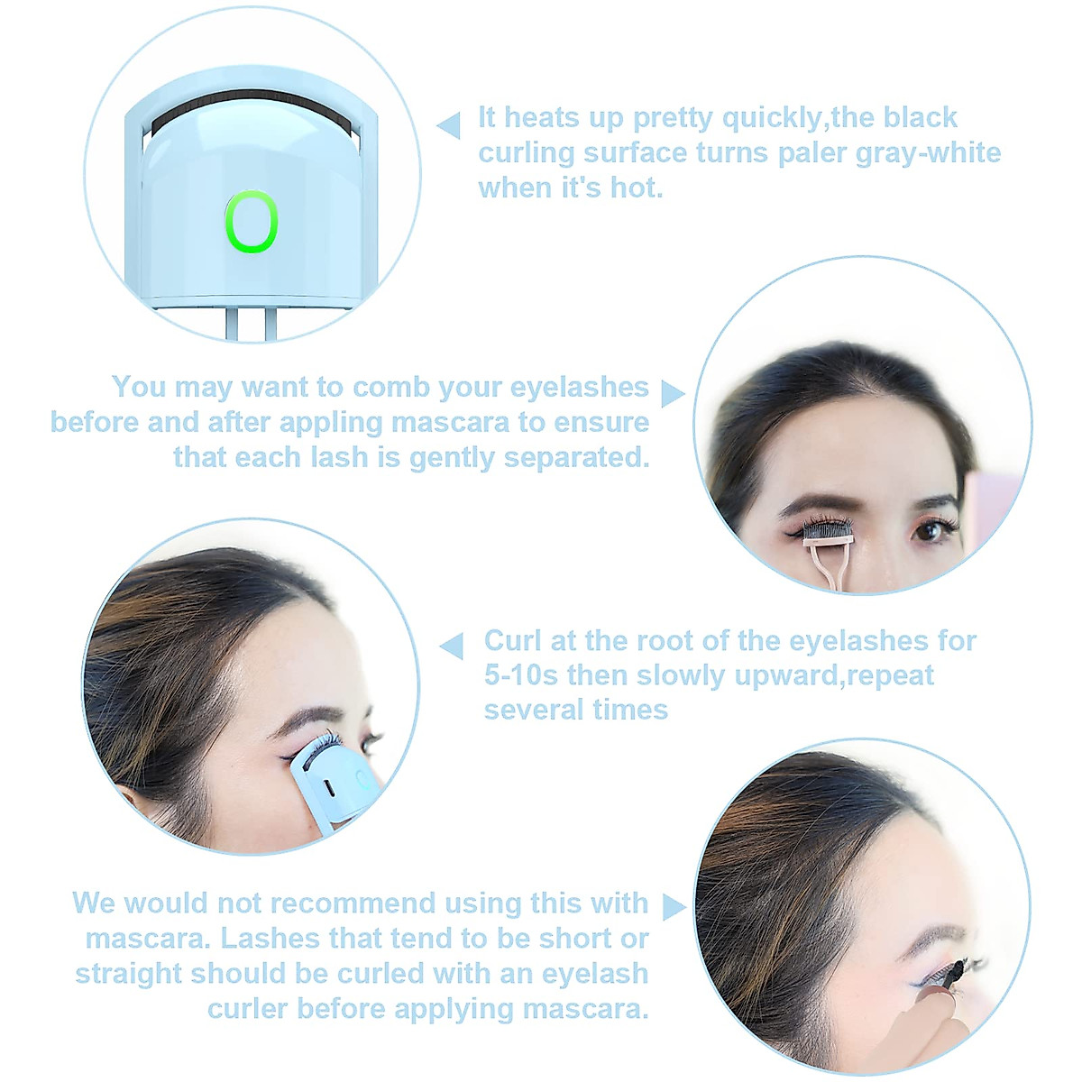 HUAKARAD Heated Eyelash Curlers, Electric Heated Eyelash Curler, USB Rechargeable Eye Lash Curler with Comb, 3 Heating Modes Quick Natural Curling Eye Lashes for Long Lasting