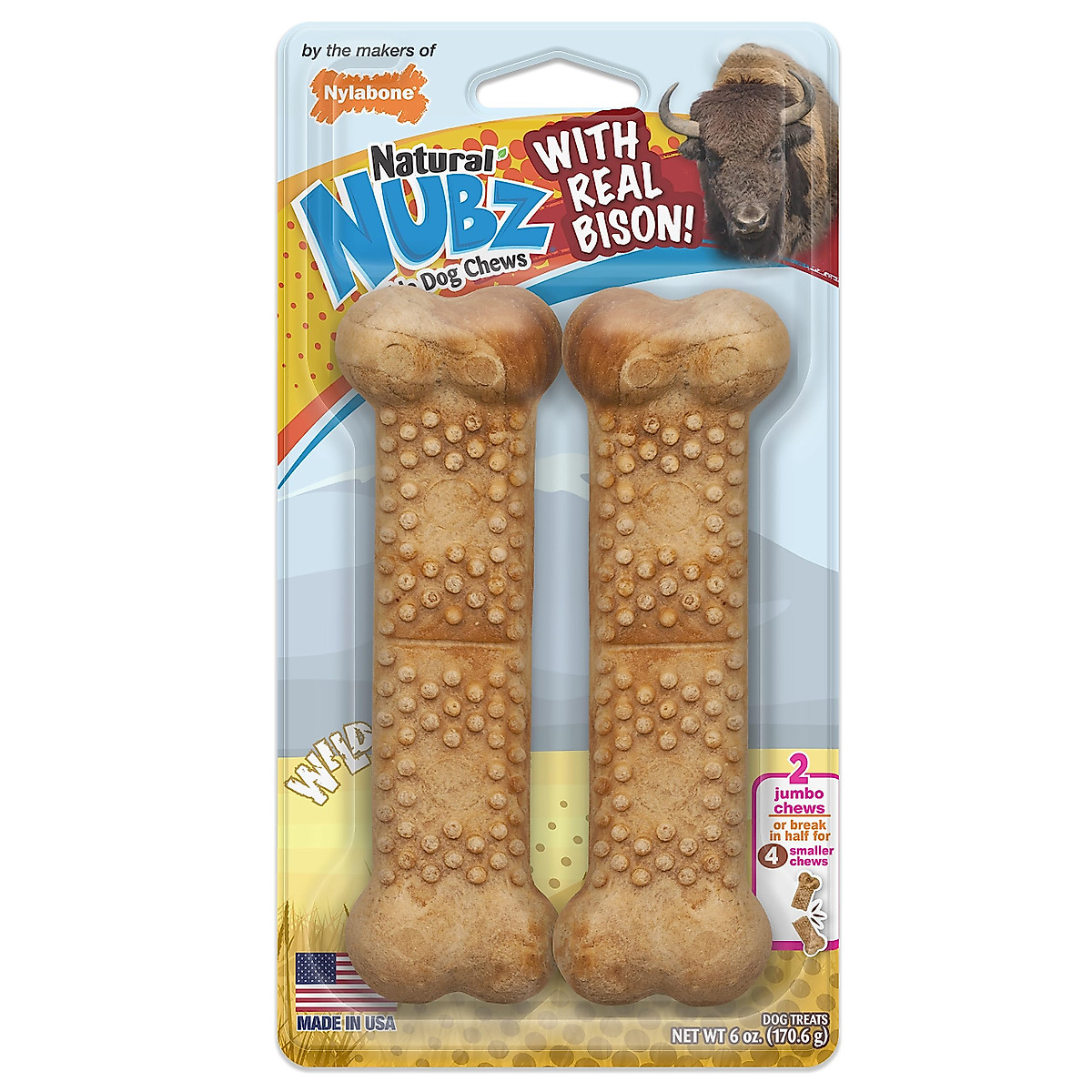 Nylabone Nubz Wild Natural Edible Chew Treats for Dogs, Made in USA, Bison Flavor, Large - Up to 50 lbs. (2 Count)