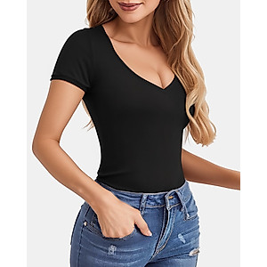 CLOZOZ Womens V Neck Short Sleeve Long Sleeve Shirt Fitted T Shirts Basic Tee Tops for Women Sexy Casual (2-shortseeve-Black, Medium)