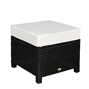 Outsunny 20" Outdoor Ottoman, PE Plastic Rattan Wicker, Fade-Resistant Patio Footrest with Soft Cushion, Steel Frame, Black