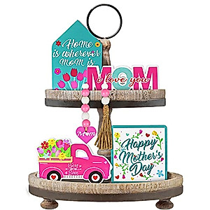 5 PCS Mother's Day Tiered Tray Decor (Tray Not Included) - Happy Mother's Day Mini Wood Sign, Wooden Heart Bead Garland - Mother's Day Party Decor, Mother’s Birthday Party Decorations