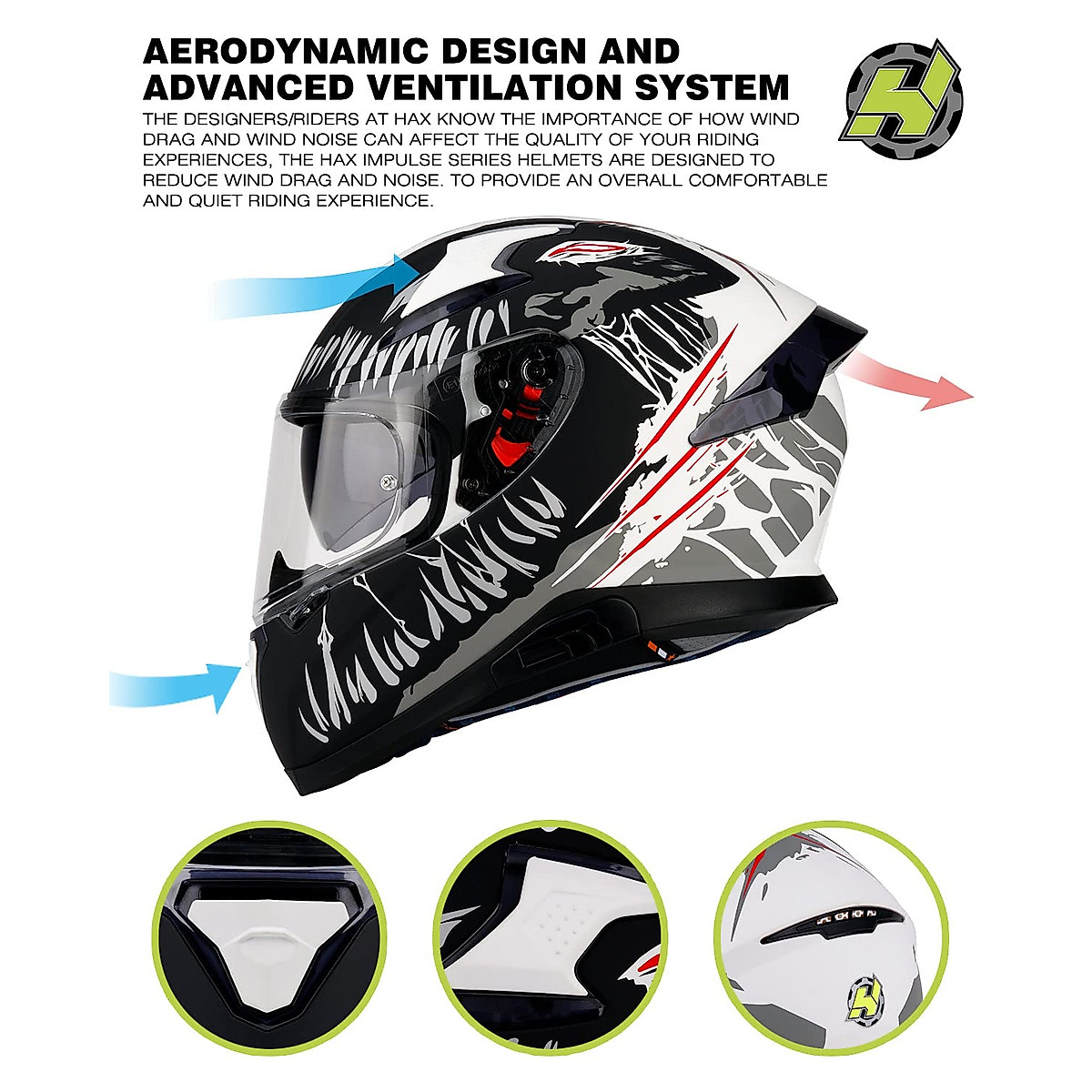 HAX Full Face Motorcycle DOT Approved Helmet with Dual Rear Wing and Pinlock Ready - Lightweight and Durable Motorbike Street Bike Helmet for Adults (Impulse Devour Black,XL)