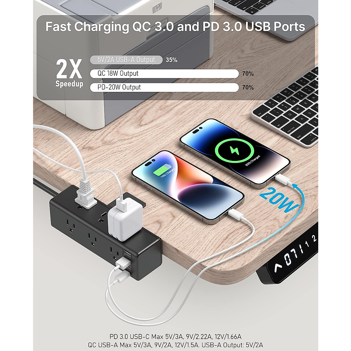 CCCEI Desk Side Clamp Power Strip with 9 Outlet, Desk Top Tube Edge Mount Outlet with USB-A and USB-C Ports, Under Desk Table Leg Widely Spaced Surge Protector Outlet Station, Fit 1.1 inch Edge, 6FT.