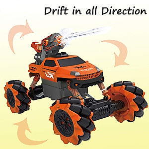 Vaiyer RC Rechargeable, Remote Control Stunt Car for Kids w/ 2-in-1 Interchangeable Toy Bubble Blaster and Water Gun Tops, Rock Crawler Off Road Vehicle w/ 360 Degree Movement (Orange)