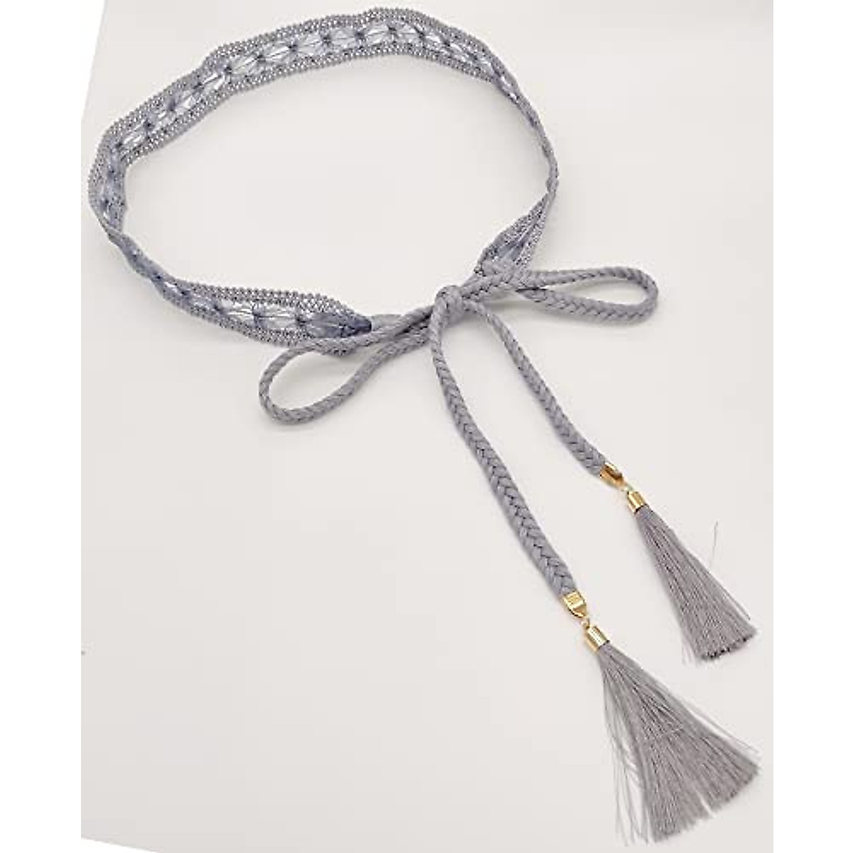 Women Girls Braided Knotted Waist Belt Skinny Mixed Color Rope Exotic Chain Tassel for Dress Skirt (Grey Lace)