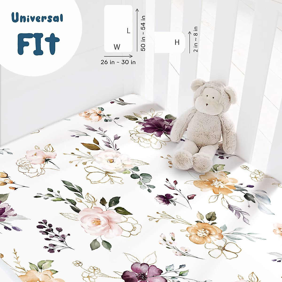 GRSSDER Stretchy Ultra Soft Jersey Knit Fitted Pack n Play Sheets Set 2 Pack,Fits Portable Playard/Mini Cribs Mattress Snug and Safe,Watercolor Purple Flora for Baby