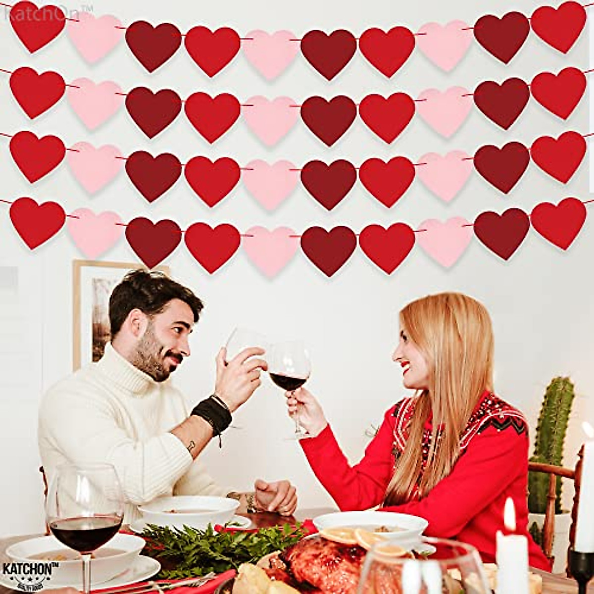 Felt, Heart Valentines Garland for Valentines Day Decor - Pack of 40, No DIY | Red, Rose, Light Pink Heart Garland, Heart Garland Decorations | Heart Banner Garland, Romantic Valentines Day Decoration