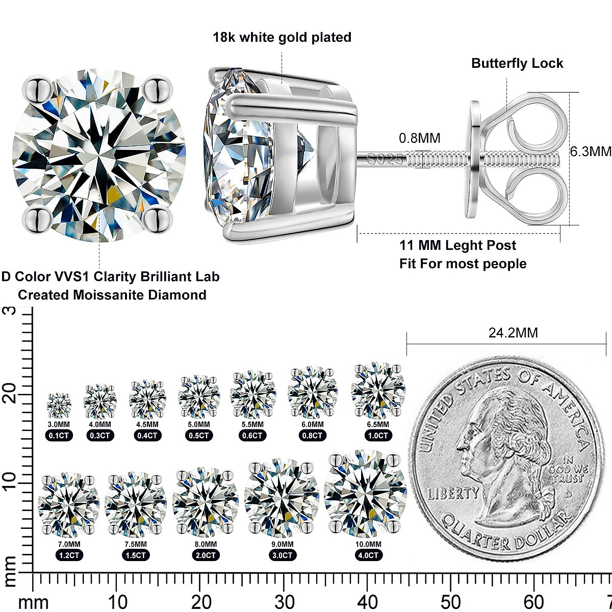 Moissanite Stud Earrings Screw Back 2.0CT 6.5MM*2 18K White Gold Plated S925 Sterling Silver Round Cut D Color VVS1 Clarity Lab Created Moissanite Diamond Hypoallergenic Earrings for Women Men