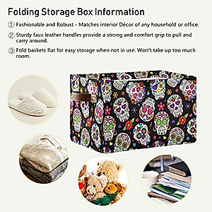 AGONA Large Foldable Storage Bin Colorful Dead Sugar Skull Storage Bins Collapsible Decorative Fabric Storage Baskets with Leather Handles for Home Closet Bedroom Organizer Nursery 1 Pack