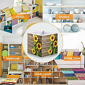 Wood Sunflower 11x11 Storage Cubes Fabric Storage Cubes Storage Bins with Handles Storage Boxes for Organizing Home, Office, Nursery, Shelf, Closet, Pack of 1