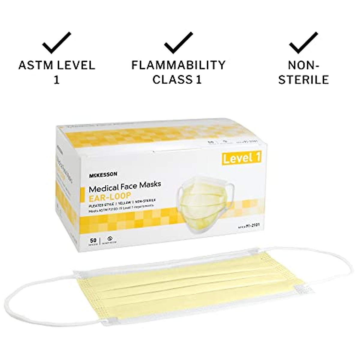 McKesson Medical Face Masks, Level 1 - Pleated with Ear Loops, Non-Sterile, Yellow - One Size Fits Most Adults, 7 in x 3.75 in, 50 Count, 1 Pack