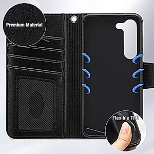 Lugege Compatible with Samsung Galaxy S23 5G Case Wallet Flip Folio Case [Kickstand] with RFID Blocking Card Holders [Shockproof] and Wrist Strap Phone Cover Black