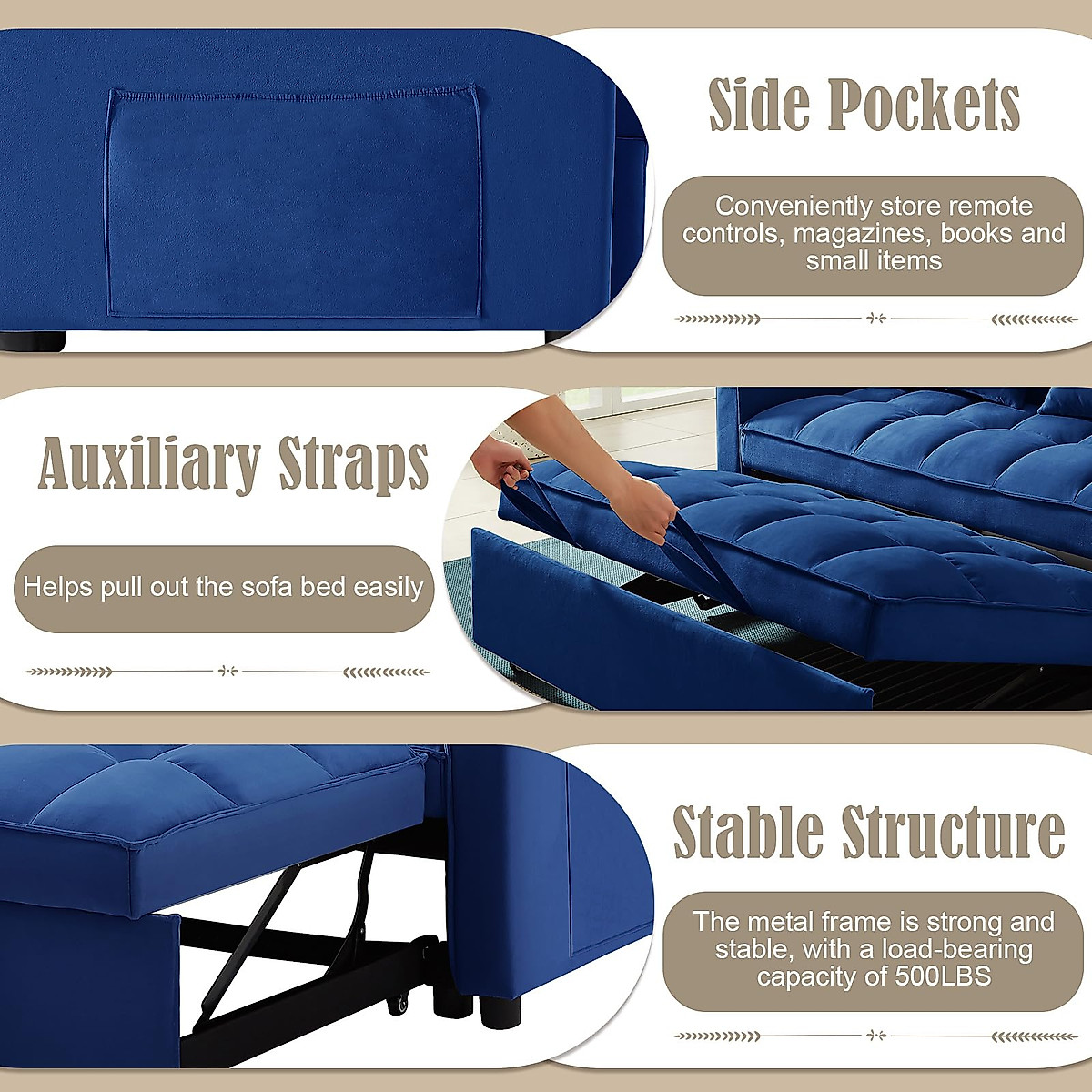 3 in 1 Convertible Sleeper Sofa Couch with Pull Out Bed,55" Velvet Upholstered Futon Sofa Bed,Modern Loveseat Sleeper Chaise with Adjustable Backrest for Living Room, Guest Room, Apartment(Blue)