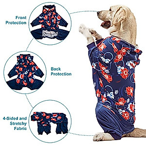 LovinPet Big Dogs Breeds Jammies, Wound Care/Post Surgery clothes, Pet Anxiety Relief for Dogs, Lightweight stretchy, Large Breed Dog Pajamas, Reflective Stripe, Floral Navy & Red Print, Pet Pj's /2XL