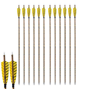 AMEYXGS Camo Carbon Arrow 30 Inch Practice Hunting Arrow Spine 500 with 4 Inch Turkey Feathers for Traditional Recurve Compound Bows (6)