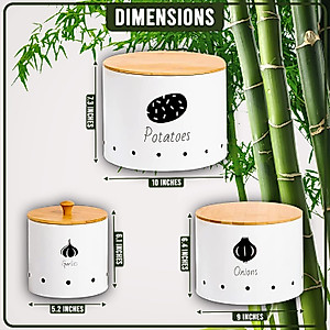 Potato and Onion Storage Bin with Wooden Lid – Set of 3 Garlic, Onion, And Potato Storage for Pantry - Potato Onion Kitchen Storage Canisters – Aerating Tin Storage Holes Keeps Vegetable Fresh