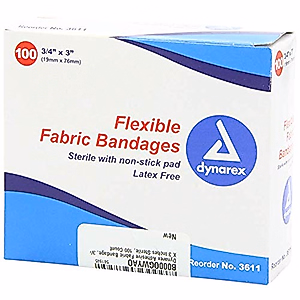 Dynarex Fabric Adhesive Bandages - Sterile & Flexible Fabric Bandages for Wounds - Non-Stick Pads - Individually-Wrapped First Aid Supplies - No Latex - 3/4x3", 100 Count(Pack of 1)