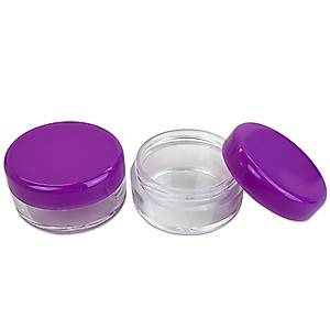 50 Empty 5 Grams Acrylic Clear Round Jars - BPA Free Containers for Cosmetic, Lotion, Cream, Makeup, Bead, Eye shadow, Rhinestone, Samples, Pot, Small Accessories 5g/5ml (Purple Lid)